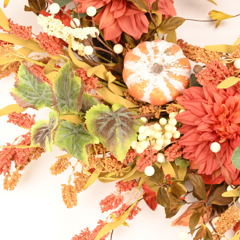 Primrue Handcrafted Faux 26'' Pumpkin Fall Thanksgiving Day Wreath for Front Door | Wayfair